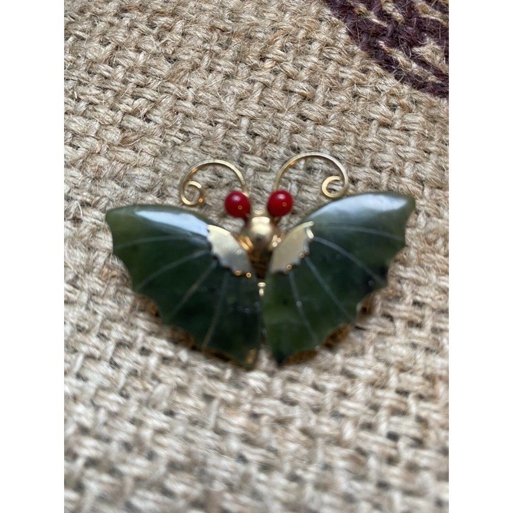 Vintage Butterfly Moth Green Jade Wings Coral Eyes Br… - Gem
